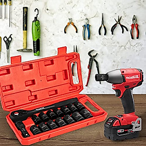 Meiwaltee 1/2-Inch Drive Metric Shallow impact Socket Set,16 PCS Metric 10-24mm Set,Includes 72-Tooth Ratchet and 3'' Extension Bar,Cr-V, 6 Point