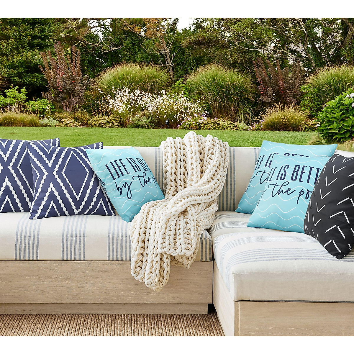 Adabana Blue Outdoor Waterproof Throw Pillow Covers 18x18 Inch Set of 2 Decorative Porch Pillows Cover for Patio Furniture Garden, Life is Better by The Pool