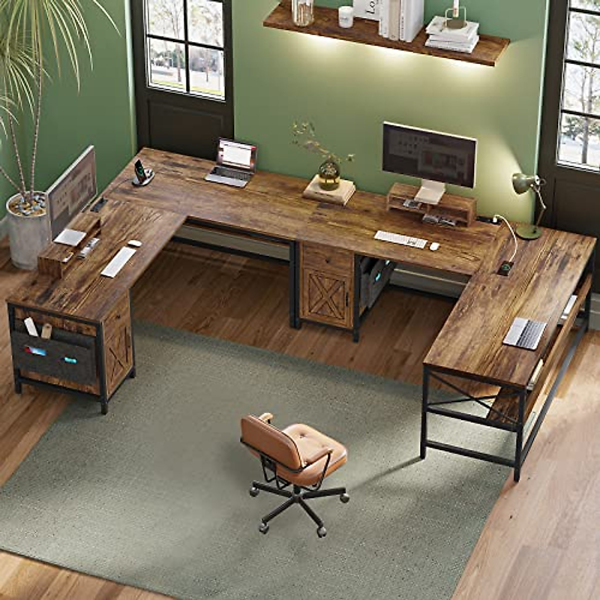 SEDETA 63" L Shaped Desk, Convertible Long Home Office Desk or Corner Desk, Office Computer Desk with Drawer, Power Strip, Storage Cabinet & Monitor Stand for Home Office, Rustic Brown