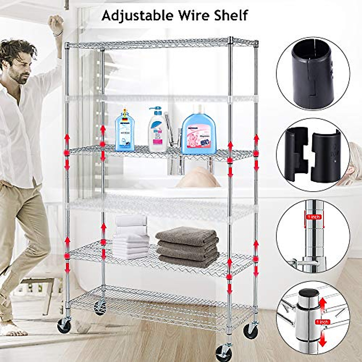 Storage Shelves Wire Shelving Unit Garage Shelving with Wheels Heavy Duty NSF Height Adjustable Steel Commercial Grade Metal Shelving with Castors, 6000 Weight Capacity, for Kitchen Basement Pantry