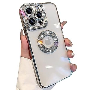 Changjia for iPhone 13 Pro Max Clear Glitter Case,Cute Bling Sparkle Shiny with Rhinestones Diamond Camera Protection Logo View Soft Plating Bumper Women Girls Case for iPhone 13 Pro Max 6.7" (Silver)
