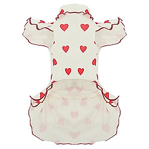 Dog Ruffle Dress Double-Deck Tutu Outfit Skirt with Red Heart Pattern for Small Medium Girl Dogs Christmas Holiday Party (White, S)