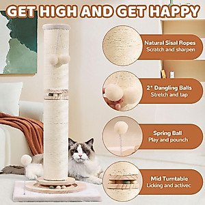 OTOB 33" Tall Cat Scratching Post, 4.3Inch Large Diameter Natural Sisal Rope Scratcher Post, 5-in-1 Interactive Turntable Cat Scratch Post with Soft Hanging Ball Toys for Indoor Large Cats