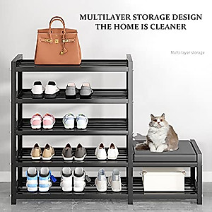 Metal Shoe Rack,Shoe Rack for Entryway, 5-Tier Shoe Rack Organizer,Free Standing Shoe Racks with Shoe Changing Stool, Black Shoe Shelf Organizer for Entryway Garage Bedroom …
