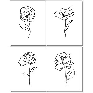 Black and White Wall Art - Flower Line Drawings - Botanical Prints - Abstract Pictures - Set of 4-11x14 - Unframed (11x14)