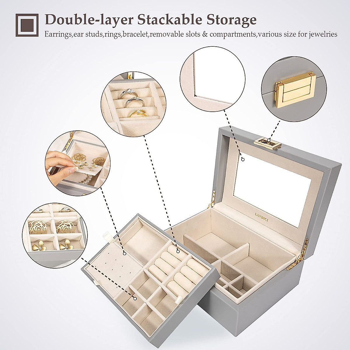 LANDICI Jewelry Organizer Box for Women Teen Girls,Large Jewelry Storage Case with Mirror,2 Layer Removable Stackable Tray,Leather Jewellery Display Holder for Ring Necklace Earring Bracelets,Grey