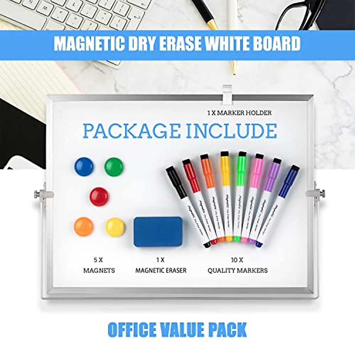 Dry Erase White Board, Cazeyoo Magnetic Desktop Whiteboard 16 x 12inch with Stand, 10 Markers, 4 Magnets and 1 Eraser, Portable Double-Sided White Board for Kids Drawing, Office, Home, School