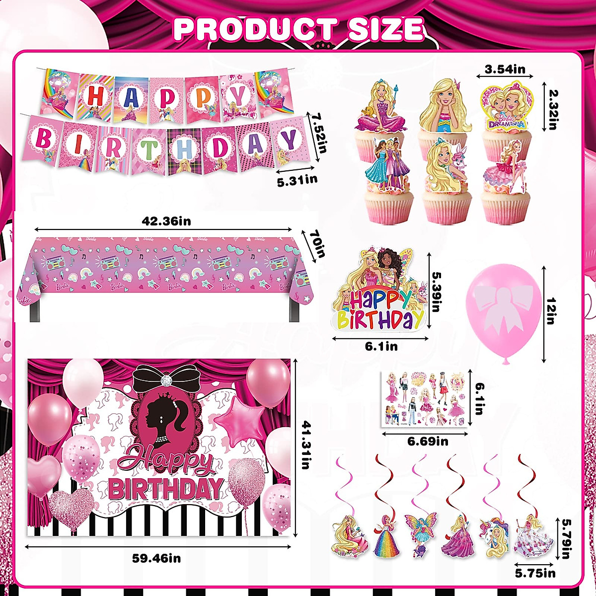 Pink Birthday Party Supplies, 60 Pcs Barbii Birthday Party Decorations Include Banners, Cake Topper,Cupcake Topper,Latex Balloon,Backdrop, Tablewares, Temporary Tattoo Stickers for Girls