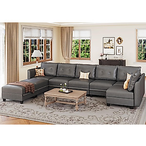 LLappuil Modular Sectional Sofa with Reversible Chaise, U Shaped Couch with Storage, Modern Faux Leather Fabric Sofa with Ottoman, Oversized Sectionals for Living Room, 8 Seat, Dark Grey