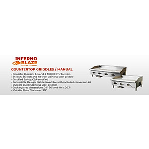 Inferno Blaze IB-CTG-36M 36” Wide Countertop Commercial Griddle with Manual Controls 90,000 BTU - CSA Certified, Stainless Steel Exterior Flat Cooking Griddle - Perfect for Commercial Kitchens