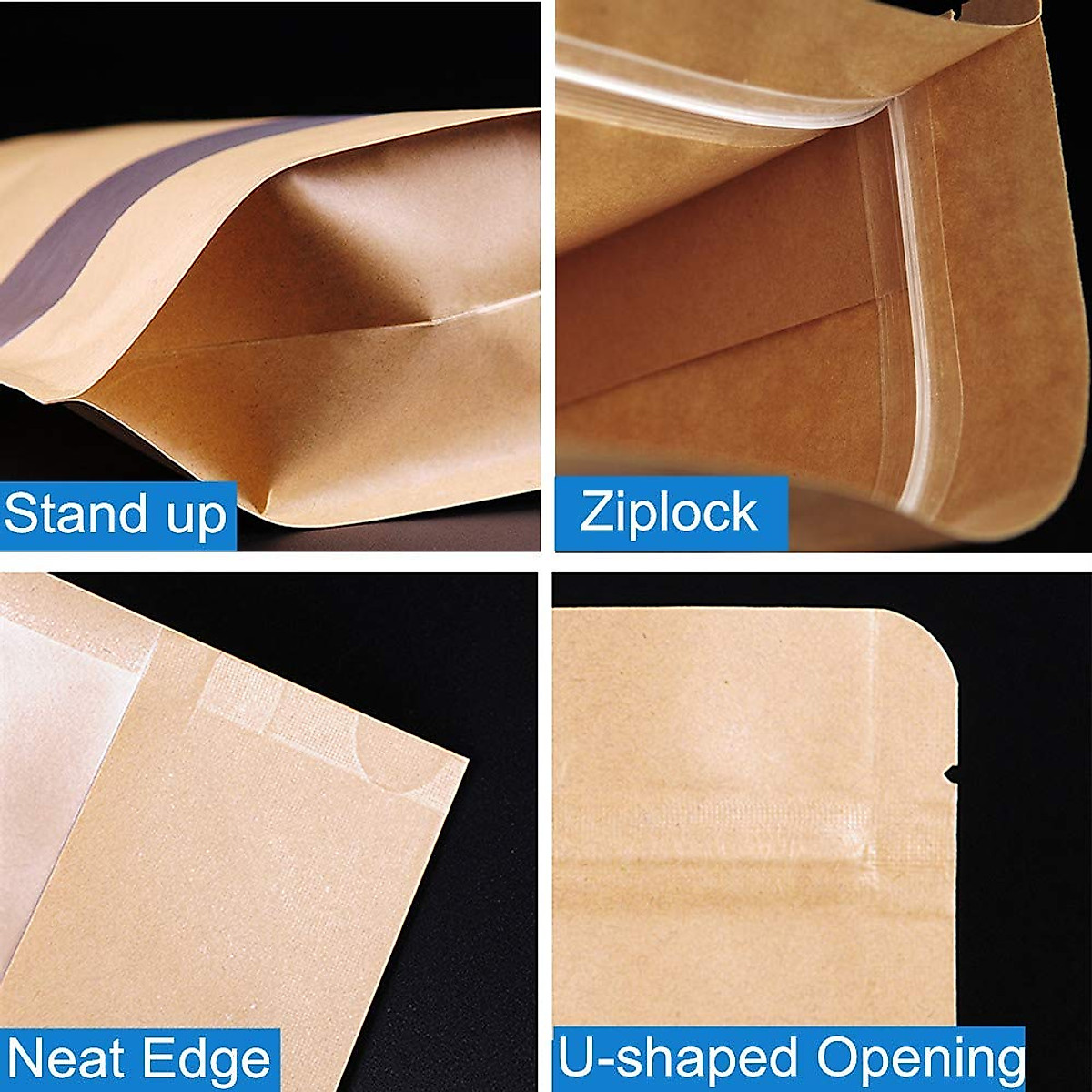 oUUoNNo 50 Pcs 7"X10" Stand Up Kraft Paper Bag, Reusable Zip Lock Sealing With Notch Matte Transparent Window Bags, All Purpose Storing Food Storage, Ideal for Coffee Beans, Nuts, Biscuits DIY