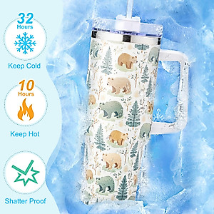 40 oz Tumbler with Handle and Straw, Bear Insulated Travel Mug Iced Coffee Cup, Reusable Stainless Steel Insulated Water Bottle, Keeps Drinks Cold for 34 Hours, Dishwasher Safe, BPA Free