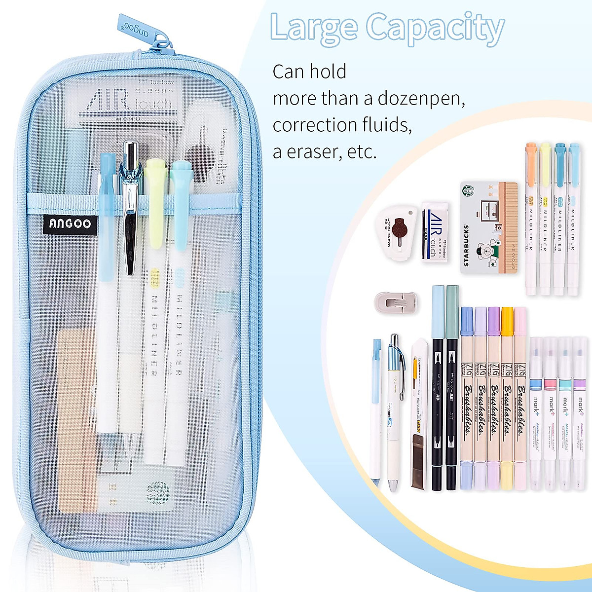 EASTHILL Grid Mesh Pen Pencil Case with Zipper Clear Makeup Color Pouch Cosmetics Bag Multi-Purpose Travel School Teen Girls Transparent Stationary Bag Office Organizer Box for Adluts(Blue)