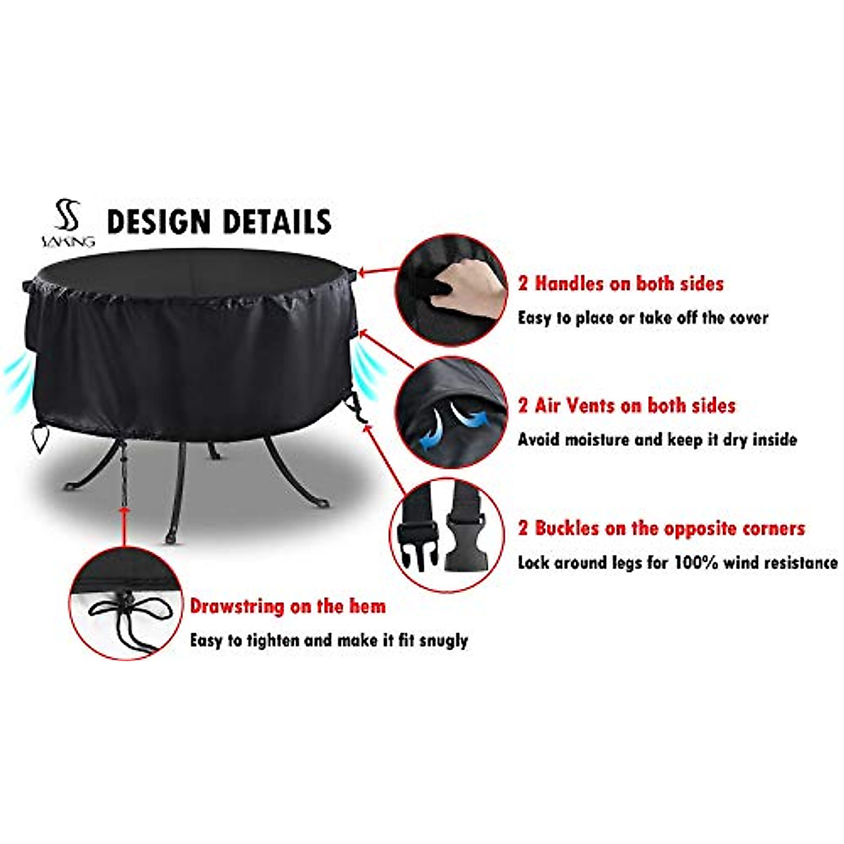 Saking Patio Furniture Table Cover Round 60" x 23" with Buckles Airvents & Drawstring - Heavy Duty Waterproof Windproof Anti-UV