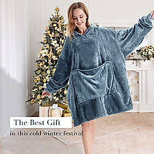 Aemilas Wearable Blanket Hoodie,Oversized Blanket Sweatshirt with Hood Pocket and Sleeves,Cozy Soft Warm Plush Flannel Hooded Blanket for Adult Women Men,One Size Fits All(Grey)