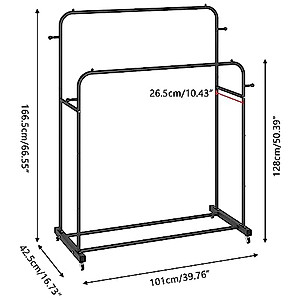 Laiensia Double Rods Garment Rack with Wheels, Clothing Rack for Hanging Clothes,4 Hooks, Multi-functional Bedroom Clothes Rack, Black