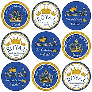 Royal Prince Thank You Stickers for Boy Baby Shower, Birthday Party Favors Supplies Gift Bag Box Decorations Blue Gold 42 Pack