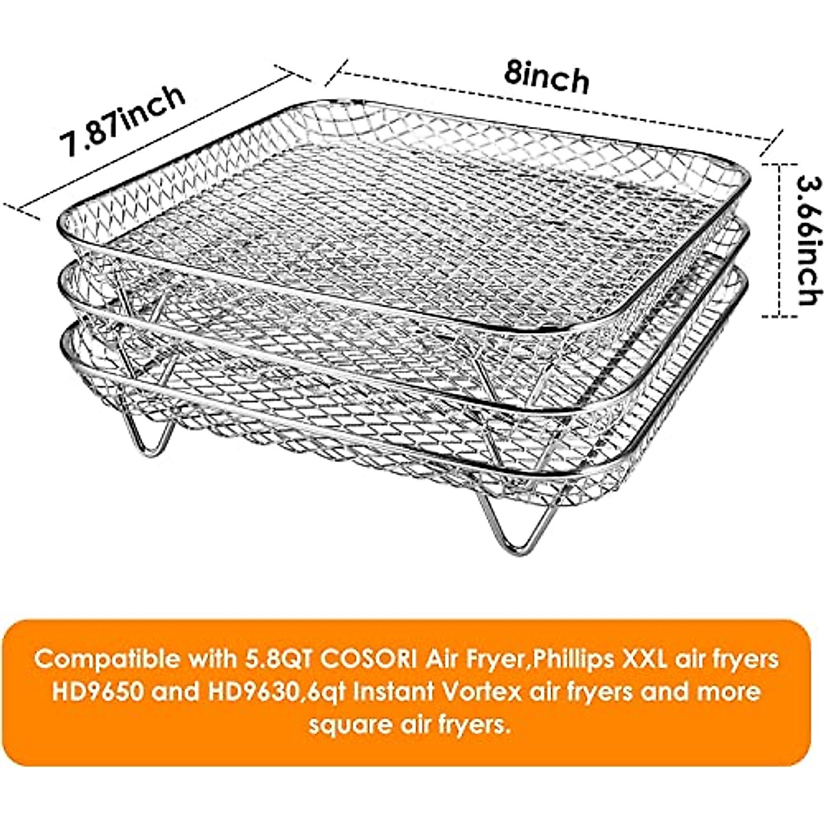 8" Air Fryer Rack,3 Stackable Square Stainless Steel Air Fryer Rack Compatible with Instant Vortex,Philips,COSORI Air Fryer, Fit all 4.2QT - 5.8QT Oven Press Cooker Dehydrator Rack Air Fryer Accessories