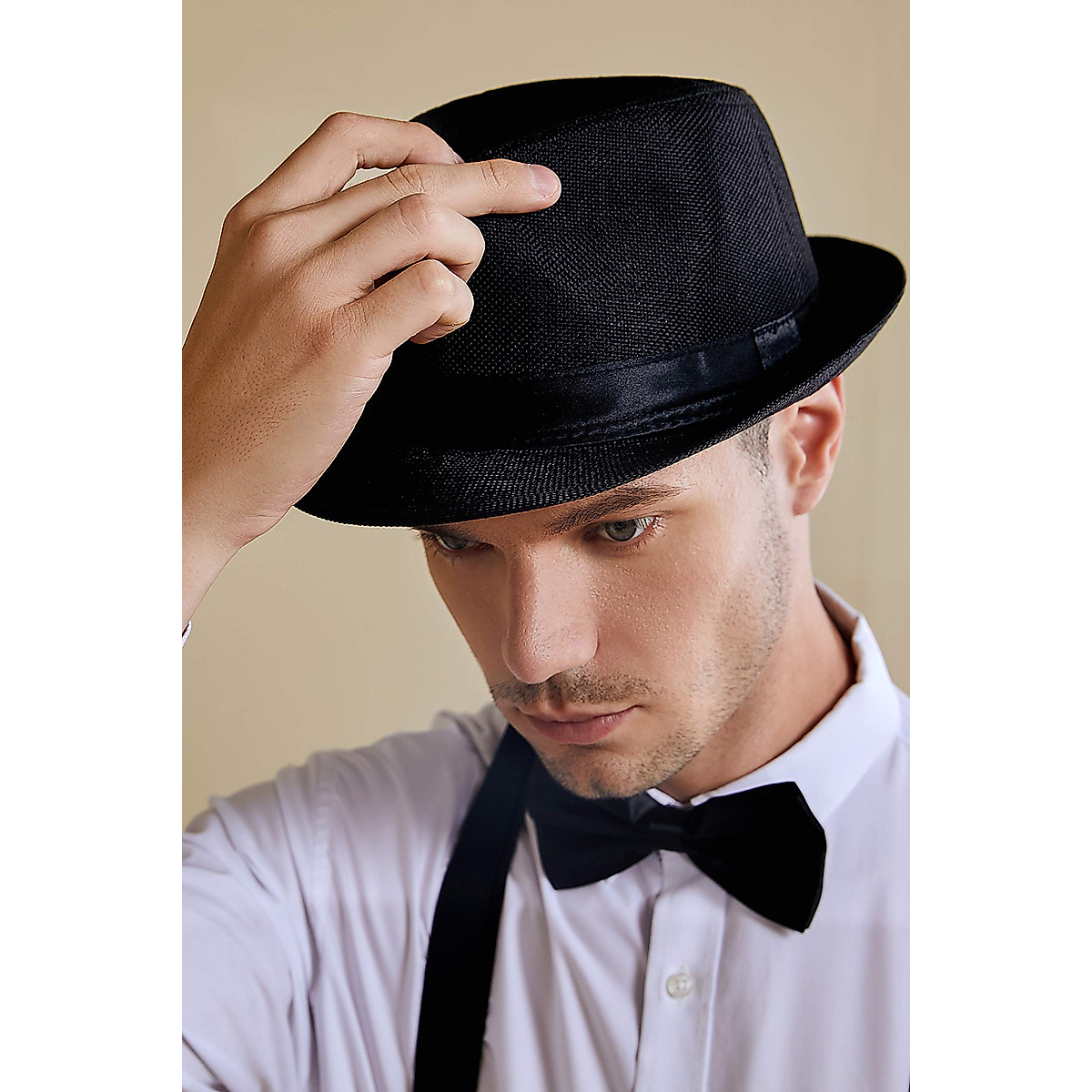 BABEYOND Straw Fedora Hat for Men Panama Trilby Hat Short Brim Summer Sun Hat A-Black