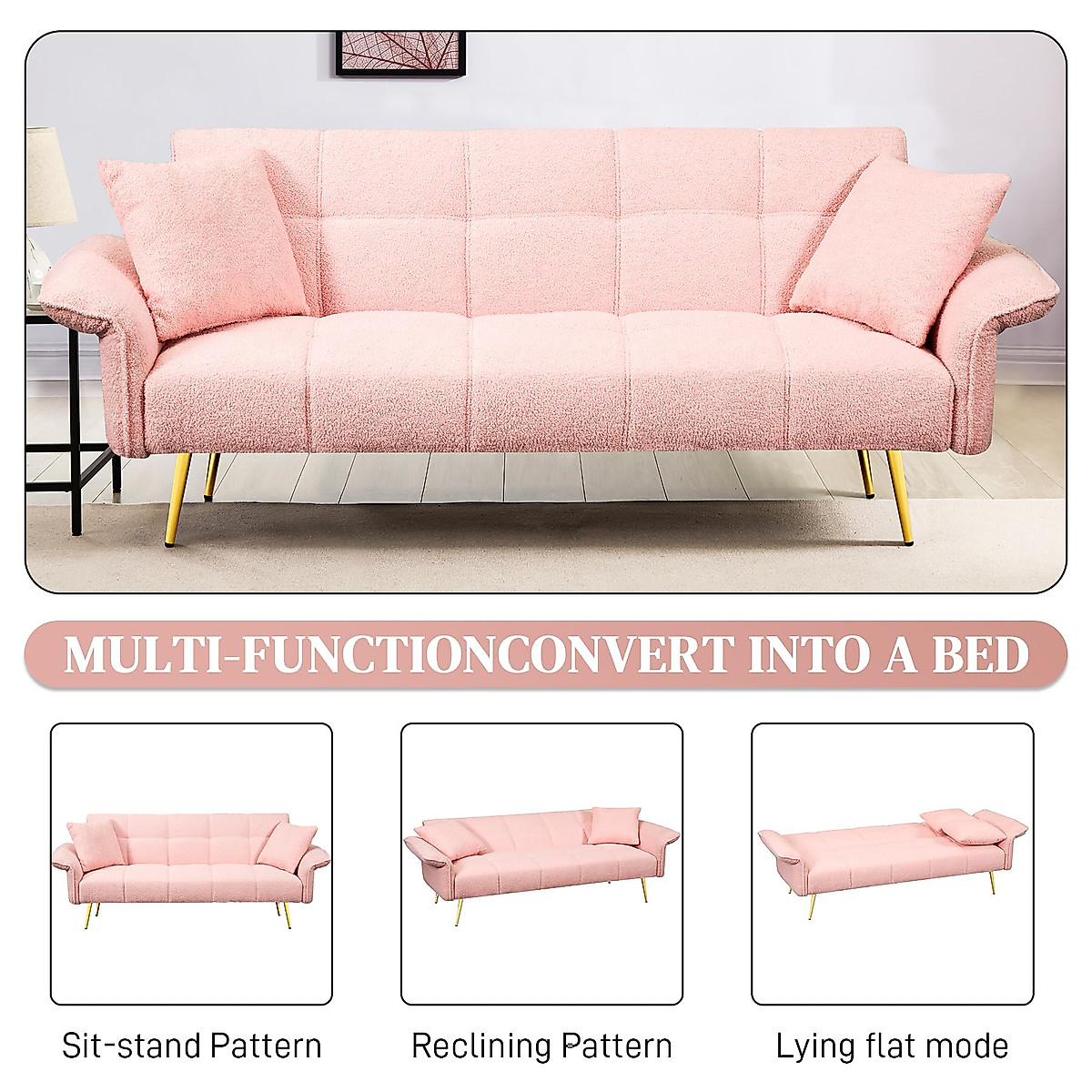 OUYESSIR Teddy Futon Sofa Bed with 2 Pillows, Small Couch, Convertible Futon Sleeper Sofa with Folding Armrests, 70" Modern Loveseat Couch for Bedroom, Living Room (Pink)