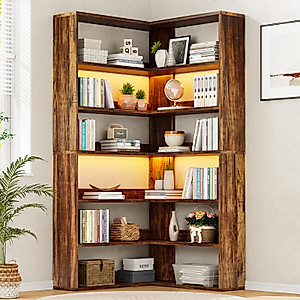 4 EVER WINNER Corner Bookshelf with LED Light, 7 Tiers Wooden Large Corner Bookcase, 71" Tall Corner Etagere Bookcase Book Shelf Display Rack for Home Office Living Room