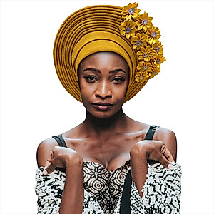 African Head Wraps Fashion Headbands Stones ASO Oke Auto Gele Headtie Already Made Women's Hats & Caps for Wedding Party. (Yellow)