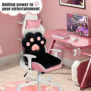 QIUODO L-Shape Cat Paw Cushion, Faux Rabbit Fur Gaming Chair Cushion Soft, Gaming Chair Pillow Kawaii Chair Cushions for Office Desk, Comfy Plush Seat Cushion for Room Decor（Black）
