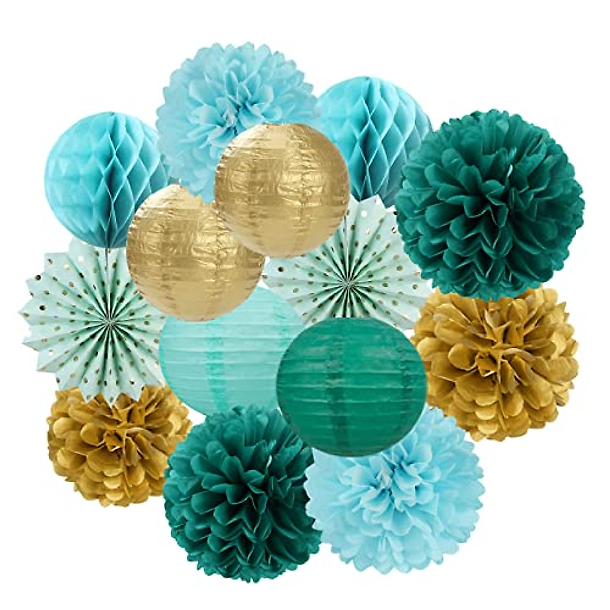 Sage-Green Teal-Blue Party-Decorations Streamers Lanterns - 14pcs Rustic Wedding Baby Shower Paper Lanterns Fan,Tissue Pom Poms Streamers,Honeycomb Balls,Birthday Bachelorette Engagement Bridal Decor Ouruola
