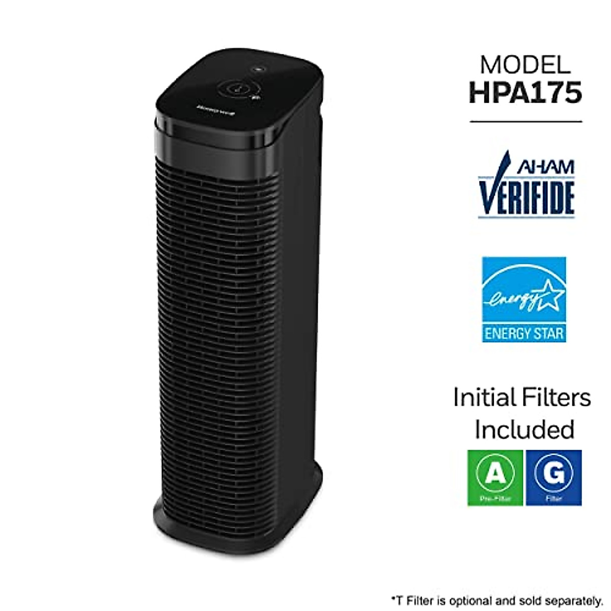 Honeywell AllergenPlus Series Compact HEPA Air Purifier Tower, Allergen Reducer for Large Rooms (200 sq ft), Black - Wildfire/Smoke, Pollen, Pollen, Pet Dander & Dust Air Purifier, HPA175
