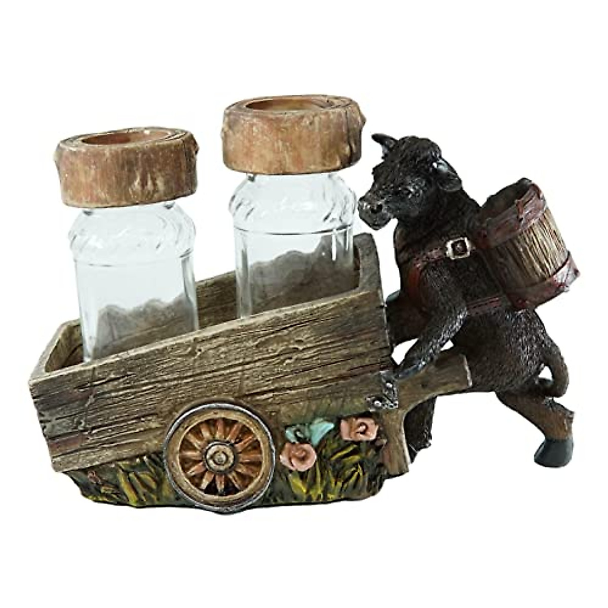 Set Of 1 Black Cattle Cow Pushing Wagon Cart Salt And Pepper Shakers