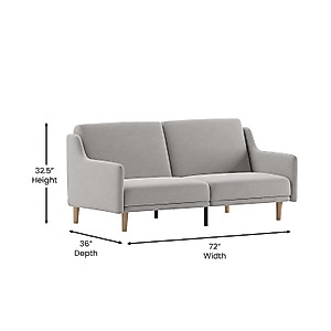 Flash Furniture Delphine Convertible Split Back Sofa Futon - Gray Faux Linen Upholstery - Solid Wood Legs - Curved Armrests - Sleeper Couch for Small Spaces,Grey