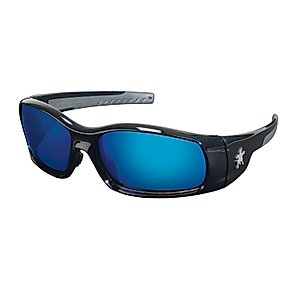 MCR Safety Crews SR118B Swagger Brash Look Polycarbonate Dual Lens Glasses with Polished Black Frame and Blue Diamond Mirror Lens, 6 inches x 2 inches