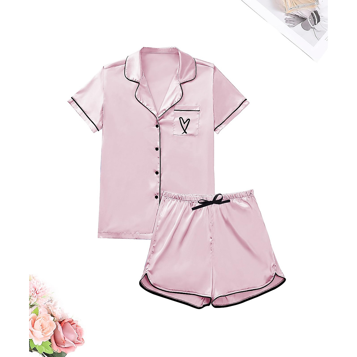 Rooscier Women's Satin Pajamas Set V Neck Short Sleeve Shirt With Shorts Sleepwear Light Pink Small