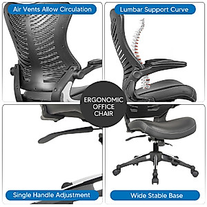 OFFICE FACTOR Executive Ergonomic Office Chair Back Mesh Bonded Leather Seat Flip-up Arms Molded Seat with a 55kg Foam Density Double Handle Mechanism You Can Lock The Back in Any Position (Black)