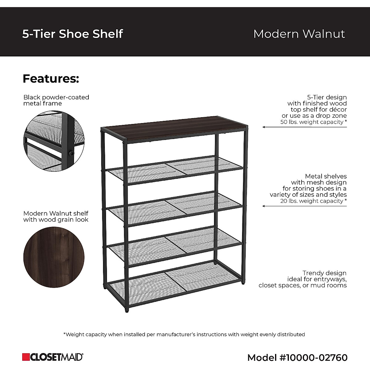 ClosetMaid 5-Tier Shoe Rack, Storage Organizer, with Wood Top Shelf, 4 Metal Mesh Shelves, for 15 Pairs of Shoes, Modern Walnut/Black