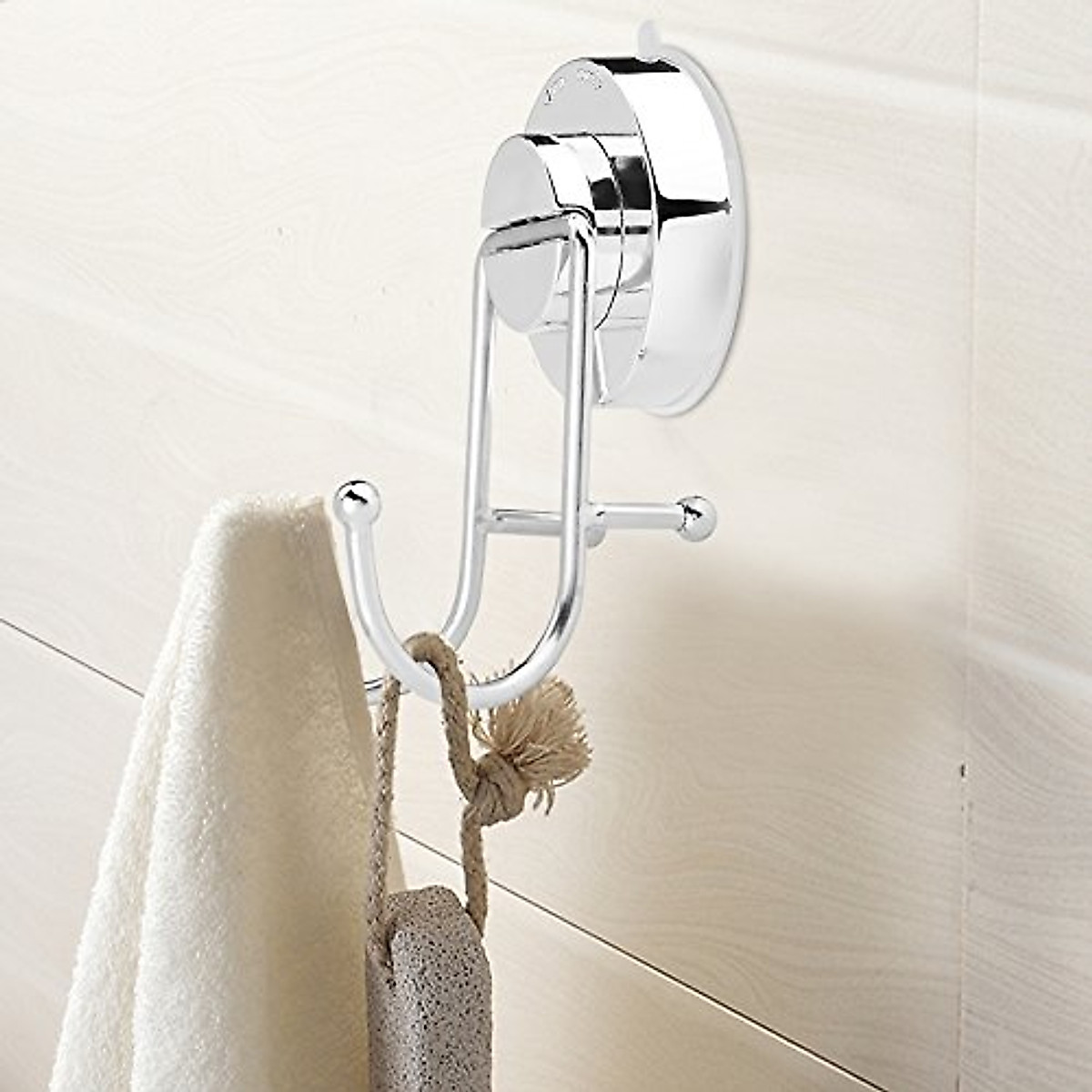 Vacuum Suction Double Bath Hook Stainless Steel Wall Mounted Towel and Key Hook Rail Rack Double Prong Robe Hook for Kitchen Bathroom