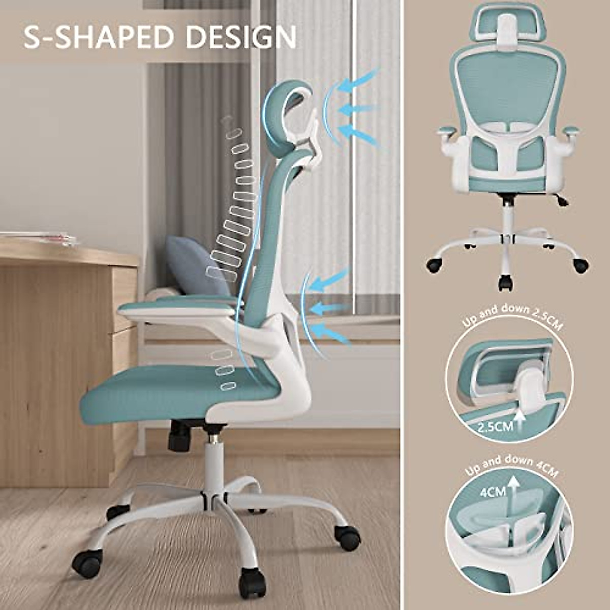 Office Chair, High Back Ergonomic Desk Chair, Breathable Mesh Desk Chair with Adjustable Lumbar Support and Headrest, Swivel Task Chair with flip-up Armrests, Executive Chair for Home Office