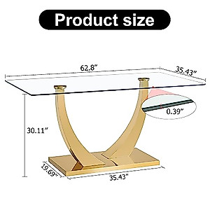 Wlvos 62.8" Rectangular Glass Dining Table for 4-6 with 0.39" Tempered Glass and Golden Chrome Metal Special-Shaped Bracket, for Kitchen Dining Living Meeting Room Banquet Hall (Golden)