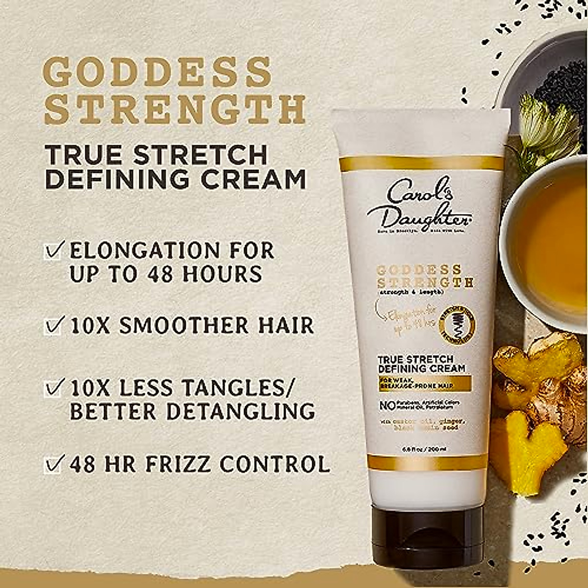 Carol's Daughter Goddess Strength True Stretch Defining Hair Cream For Wavy, Coily and Curly Hair, Curl Defining Cream with Castor Oil for Weak Hair, 6.8 Fl Oz