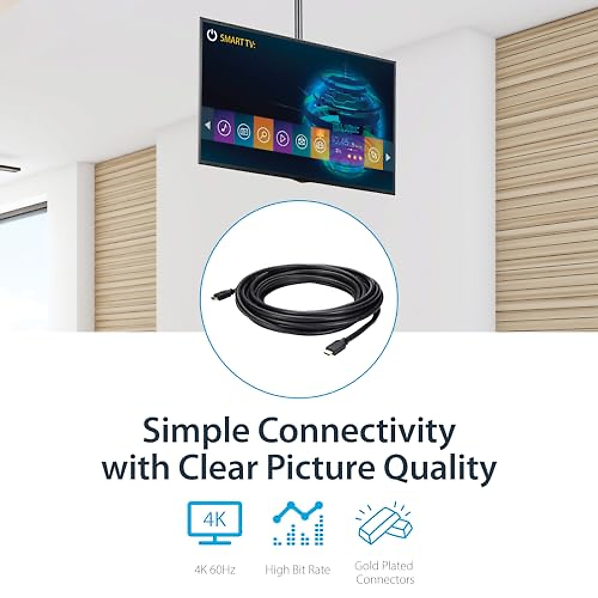 StarTech.com 35ft Plenum Rated HDMI Cable, 4K High Speed Long HDMI Cord w/ Ethernet, 4K30 UHD, 10.2 Gbps, HDCP 1.4, In Wall Plenum HDMI 1.4 Display Cable, HDMI to HDMI Computer to TV Cable (HDPMM35)