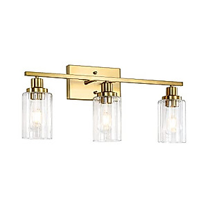 Jonsi Gold Bathroom Light Fixtures, 3 Light Brushed Gold Bathroom Vanity Lights with Fluted Glass Shade, Modern Gold Bathroom Lights Over Mirror, Vanity Lighting Fixtures, 23.5" W x 10.7" H