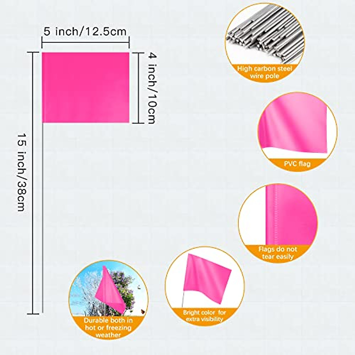 IKAYAS 100 Pack Marking Flags Marker Flags for Lawn 4 * 5 Inch Pink PVC Small Yard Flags Stake Flags on 15 inch Steel Wire, Lawn Flags, Yard Flags, Garden Flags