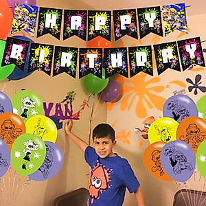 Mnhjkiuo 𝑺𝒑𝒍𝒂𝒕𝒐𝒐𝒏 3 Birthday Party Decorations, Video Game Party Supplies with Happy Birthday Banner, Cupcake Cake Toppers, Balloons for Kids Adults Birthday Party Baby Shower Decorations