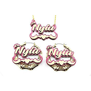 Name Necklace Plate Personalized Custom Nameplate and 1.5" Bamboo Gold Earrings With Swirls Heart and Crown on Top Jewelry Set Color Choice Laser Cut Gold Script Cursive Letters, Quality Gold Chain