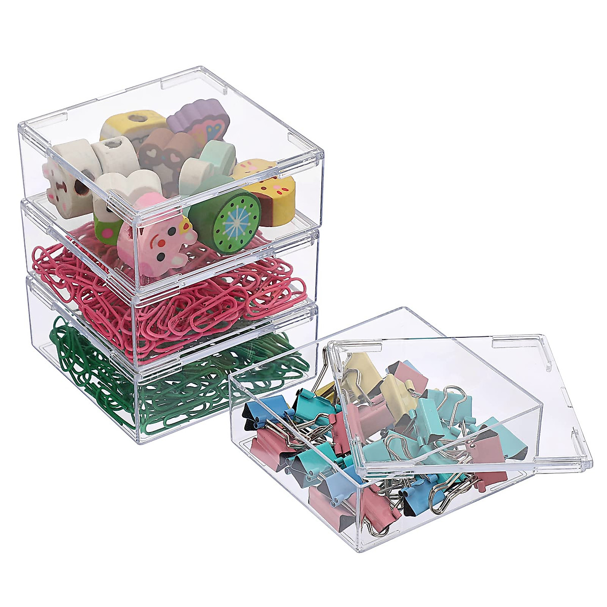 BTSKY Clear Plastic Small Storage Containers with Lid Mini Clear Boxes for Organizing Stackable Paper Clips Holder Multi-use Bead Organizers for Clips, Rhinestones, Hairpins and Candy, 4PCS Square
