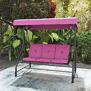 Tangkula 3 Person Porch Swing, 2-in-1 Convertible Patio Swing Bed with Removable Cushions, Solid Steel Structure, Outdoor Swing with Adjustable Canopy for Backyard, Balcony, Poolside (Wine)