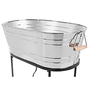 BirdRock Home Stainless Steel Beverage Tub with Stand - Oval - Bottom Tray - Party Drink Holder - Wooden Handles - Outdoor or Indoor Use - Free Standing