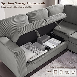 RedLemon Sectional Sleeper Sofa with Pull Out Couch Bed, 80'' Convertible L Shaped Couch with Storage Chaise & USB Charging Port, Comfy Sofa for Living Room, Apartment, Corduroy, Light Grey