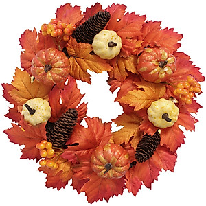 Fall Wreath for Front Door Outside- 15 Inch Halloween Wreath Autumn Harvest Fall Door Wreath with Artificial Pumpkins Maple Leaves Berries, Thanksgiving Wreaths Decorations Indoor Outdoor Fall Decor
