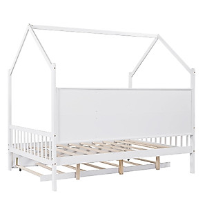 Full Size House Bed with Trundle and Storage Shelves, Montessori Bed, Full Platform Bed Frame with Roof, Tent Bed, Solid Wood Playhouse Bed for Kids Teens Girls Boys (Full, White)